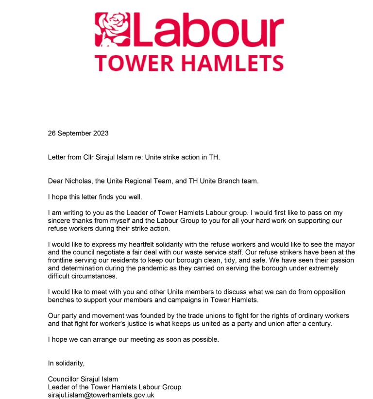 Letter from Cllr Sirajul Islam to Unite strike re: strike action in ...
